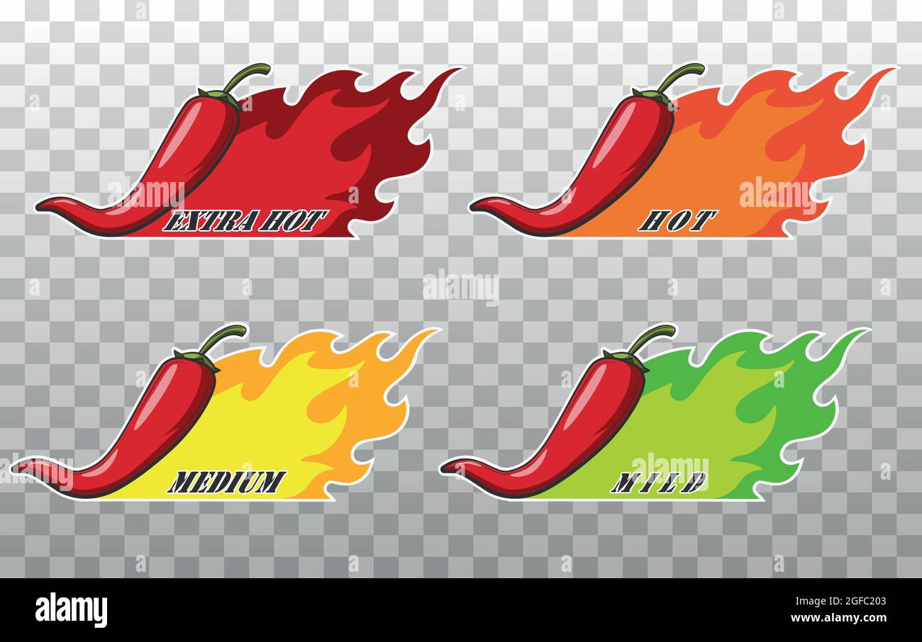 Icons with Chili Pepper Spice Levels. Hot pepper sign with fire flame ...
