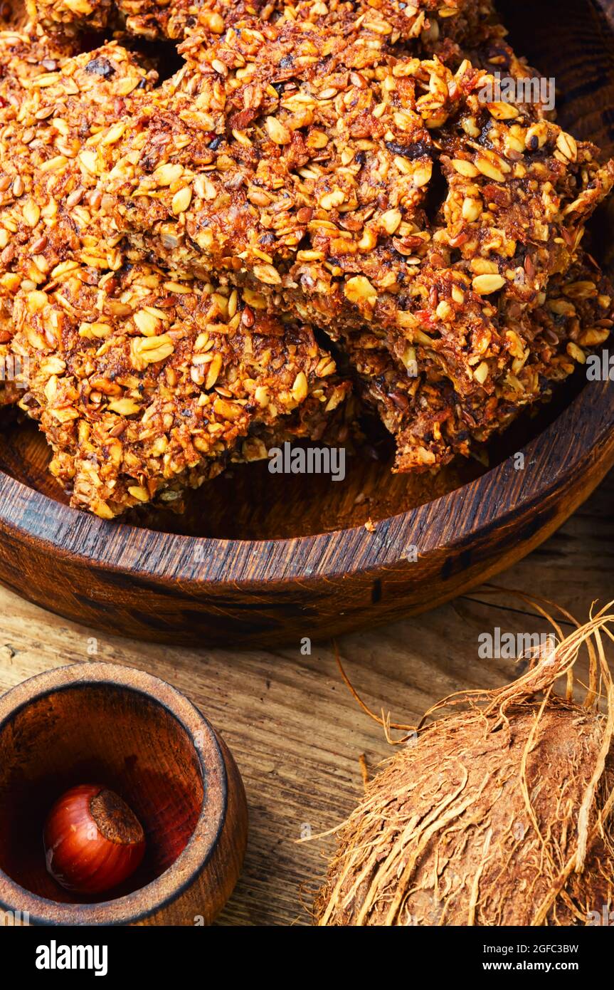 Diet biscuits made from seeds, dried fruits and coconut.Tasty cookie ...