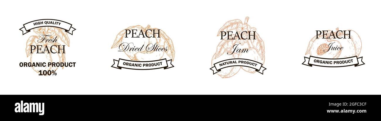 Set of hand drawn peach product logo. Vector illustration in sketch ...
