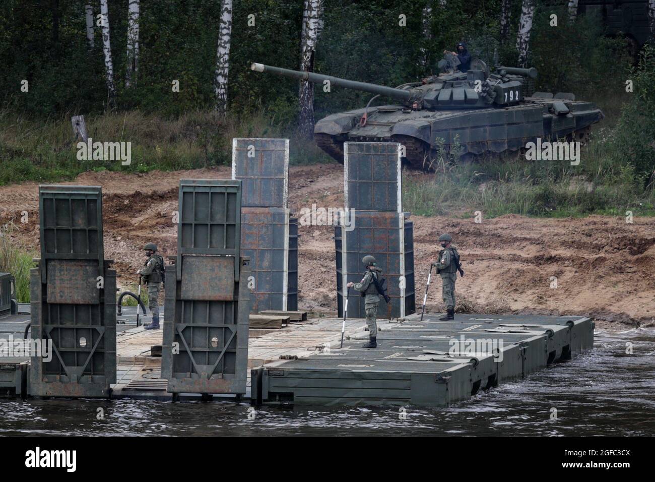 MOSCOW REGION, RUSSIA - 2021/08/24: Russian Army engineers set the ...