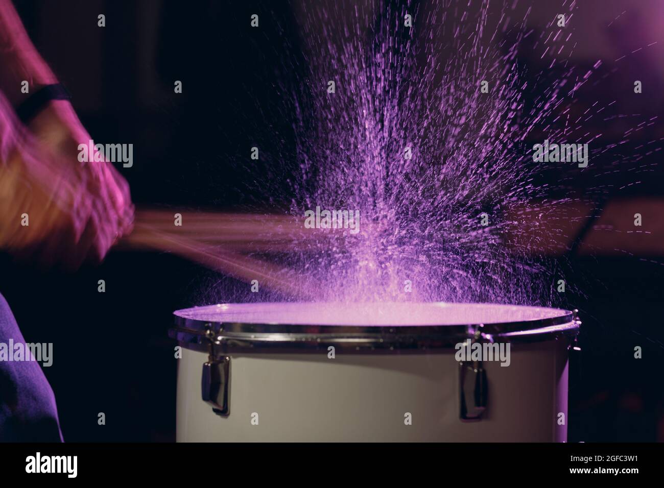 Close up drum sticks drumming hit beat rhythm on drum surface with ...