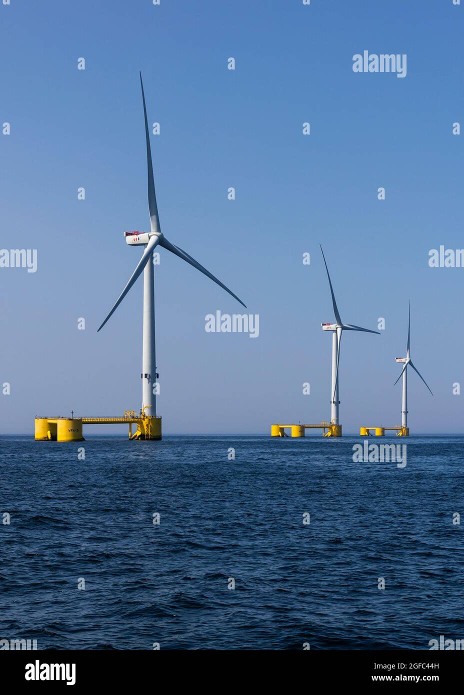 General view of the three wind turbines off the coast of Viana do Castelo.The Windfloat Atlantic ...