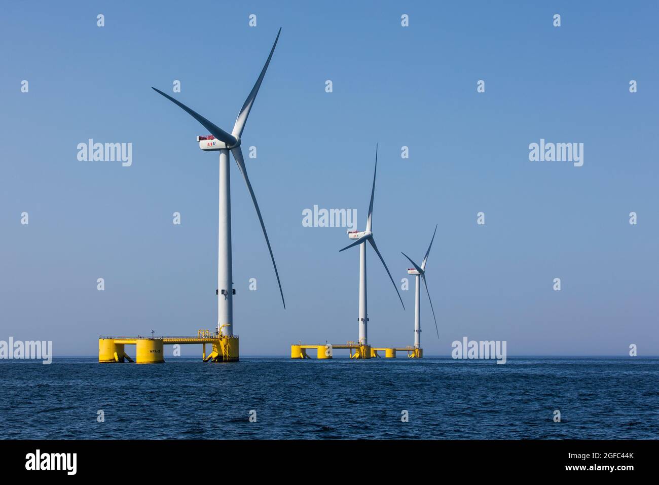 General view of the three wind turbines off the coast of Viana do ...
