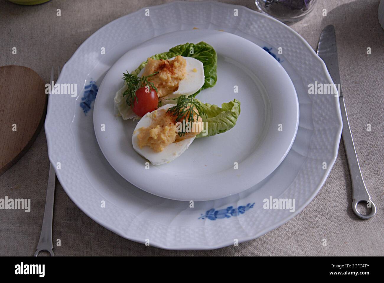 COPENHAGEN /DENMARK- Danish cold lunch table with white bread and eggs ...