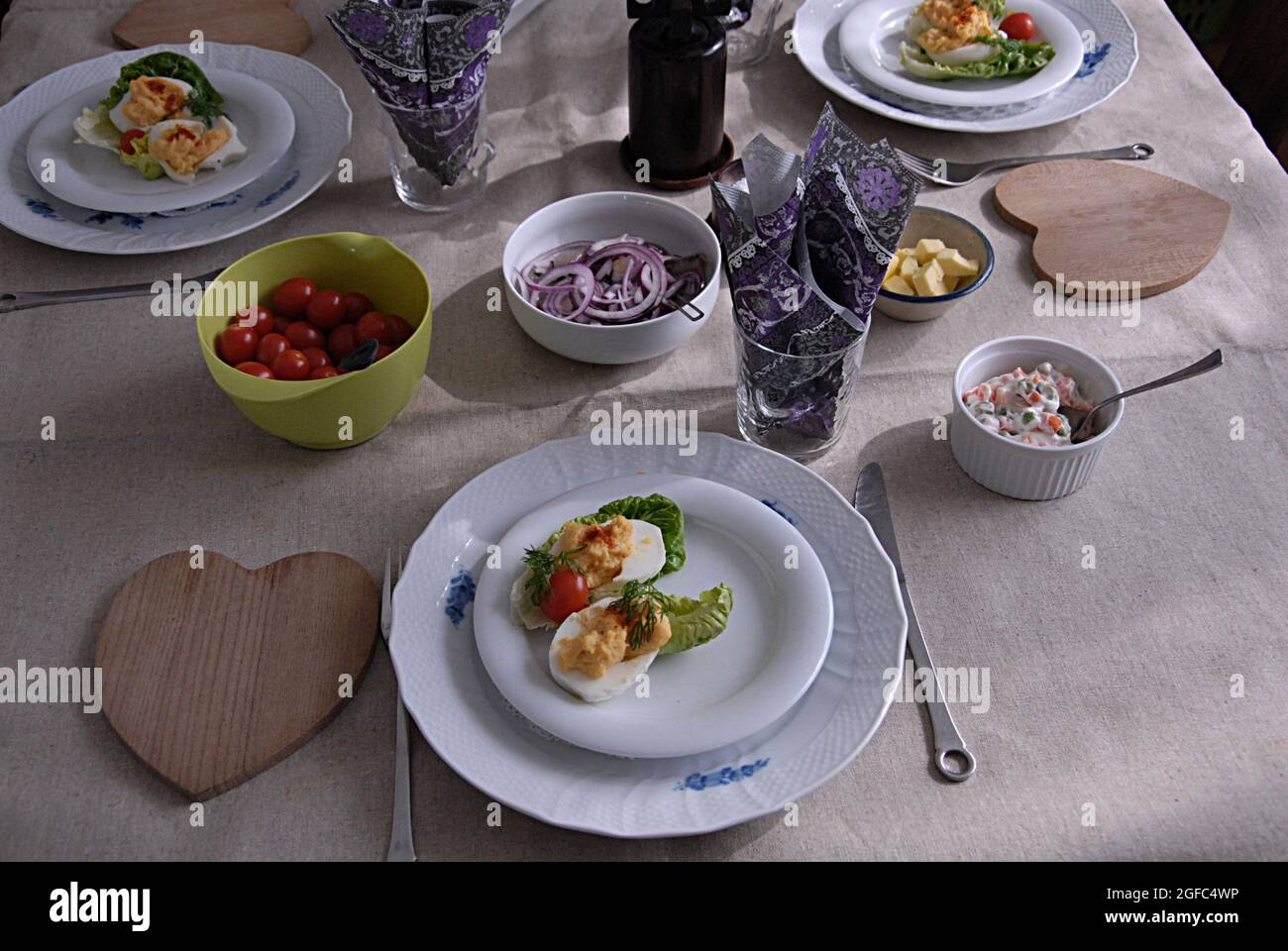 COPENHAGEN /DENMARK- Danish cold lunch table with white bread and eggs ...