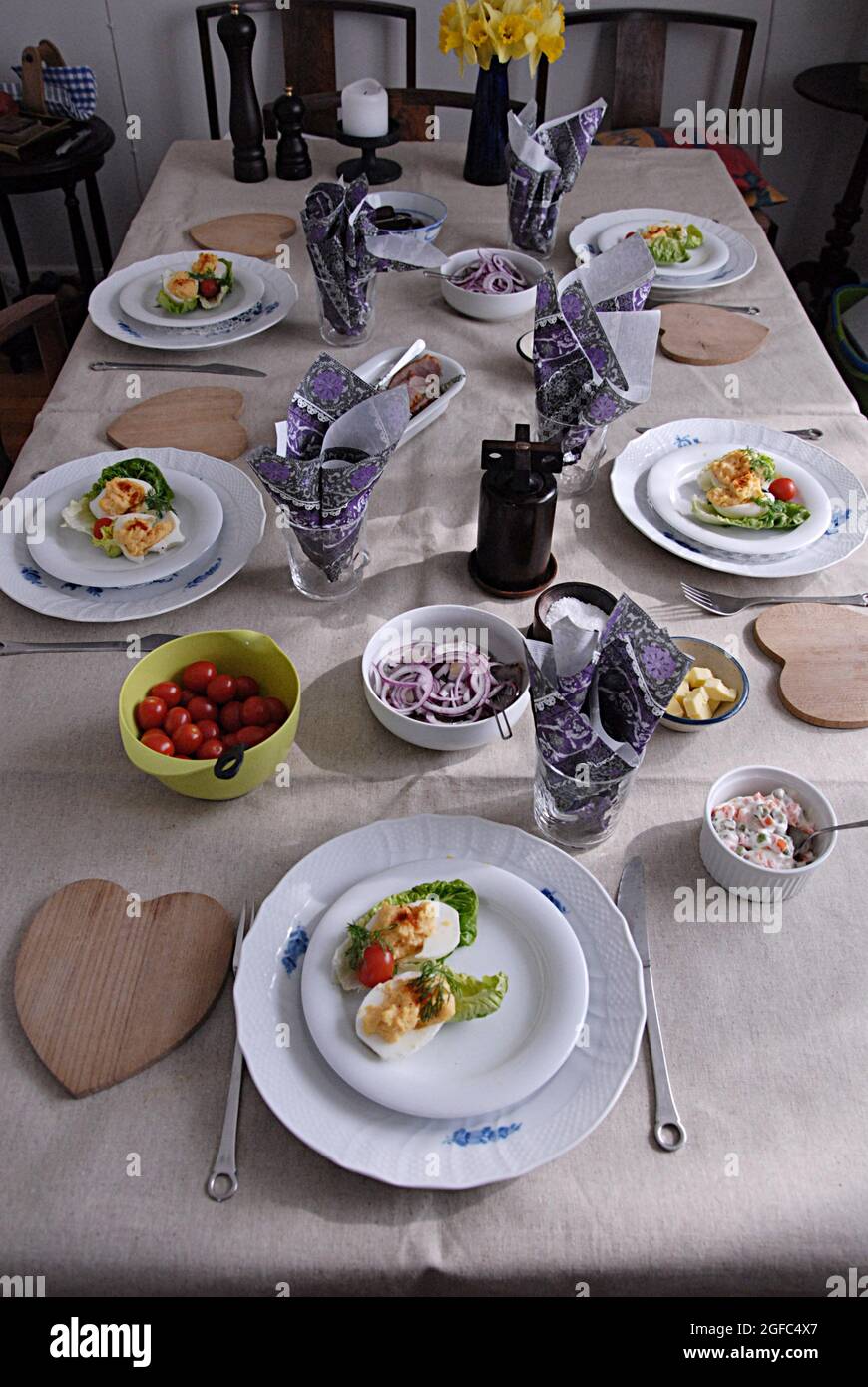 COPENHAGEN /DENMARK- Danish cold lunch table with white bread and eggs ...