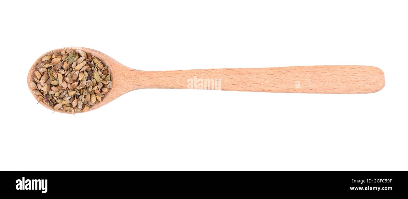 Dried utsho suneli in spoon on white background Stock Photo - Alamy