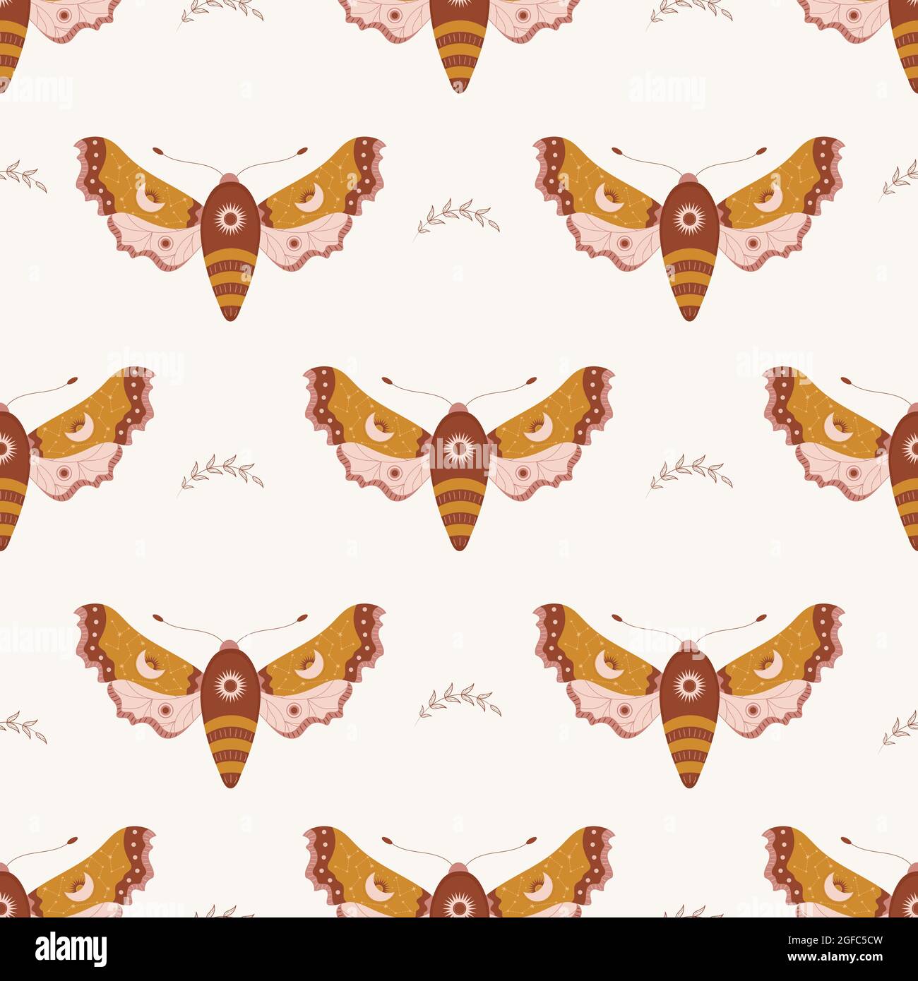 Seamless pattern with boho moth. Insect with celestial elements. Witch ...