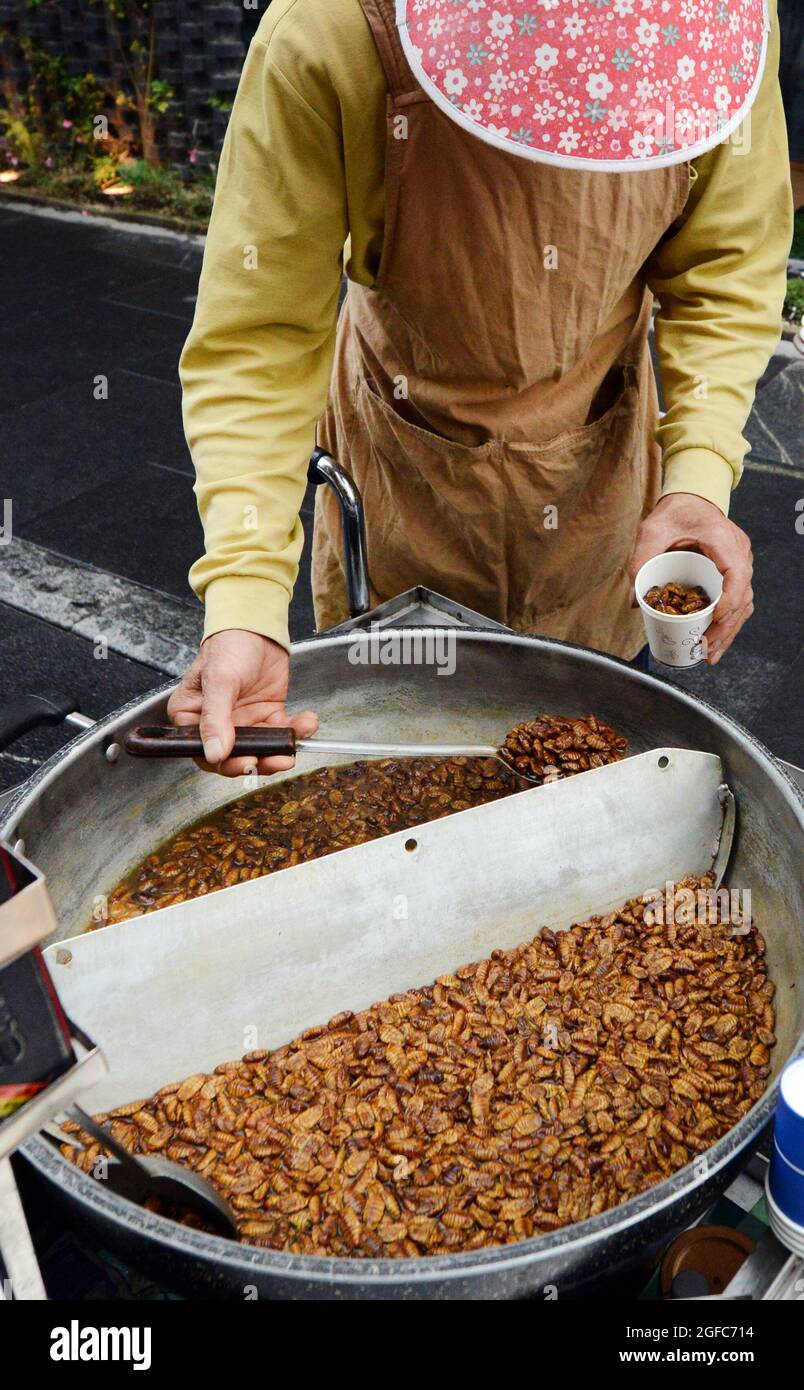 Beoundegi silkworm pupa snack vendor on Insadong-gil pedestrian street ...