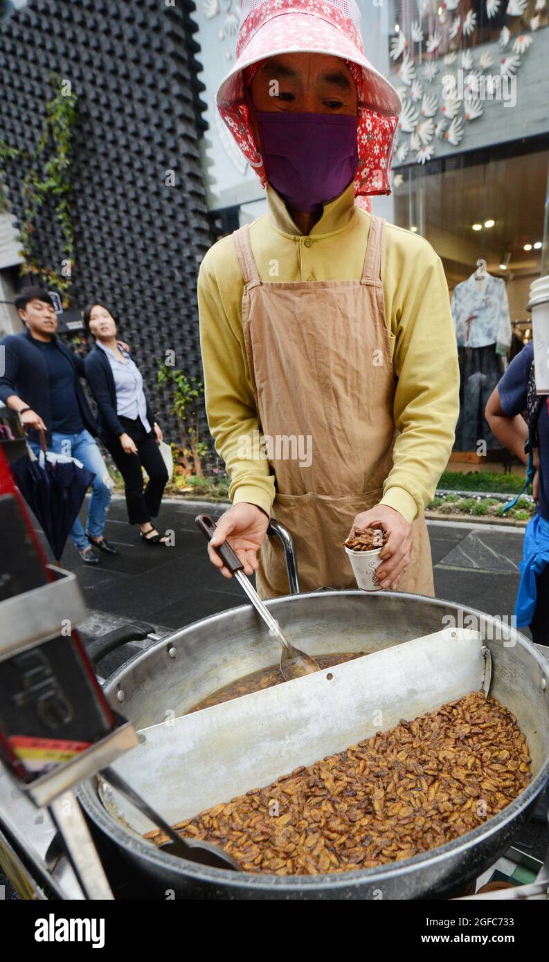 Beoundegi silkworm pupa snack vendor on Insadong-gil pedestrian street ...
