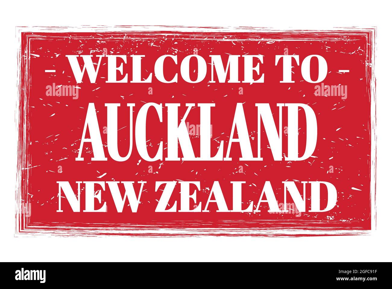 WELCOME TO AUCKLAND - NEW ZEALAND, words written on red rectangle post ...