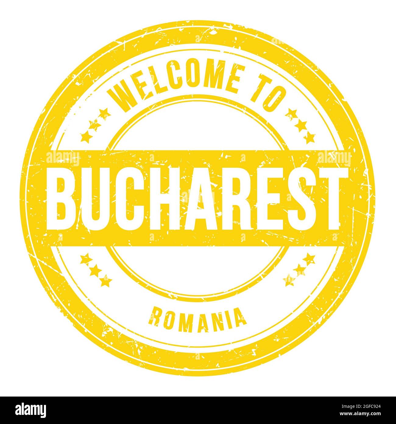 WELCOME TO BUCHAREST - ROMANIA, words written on yellow round coin ...