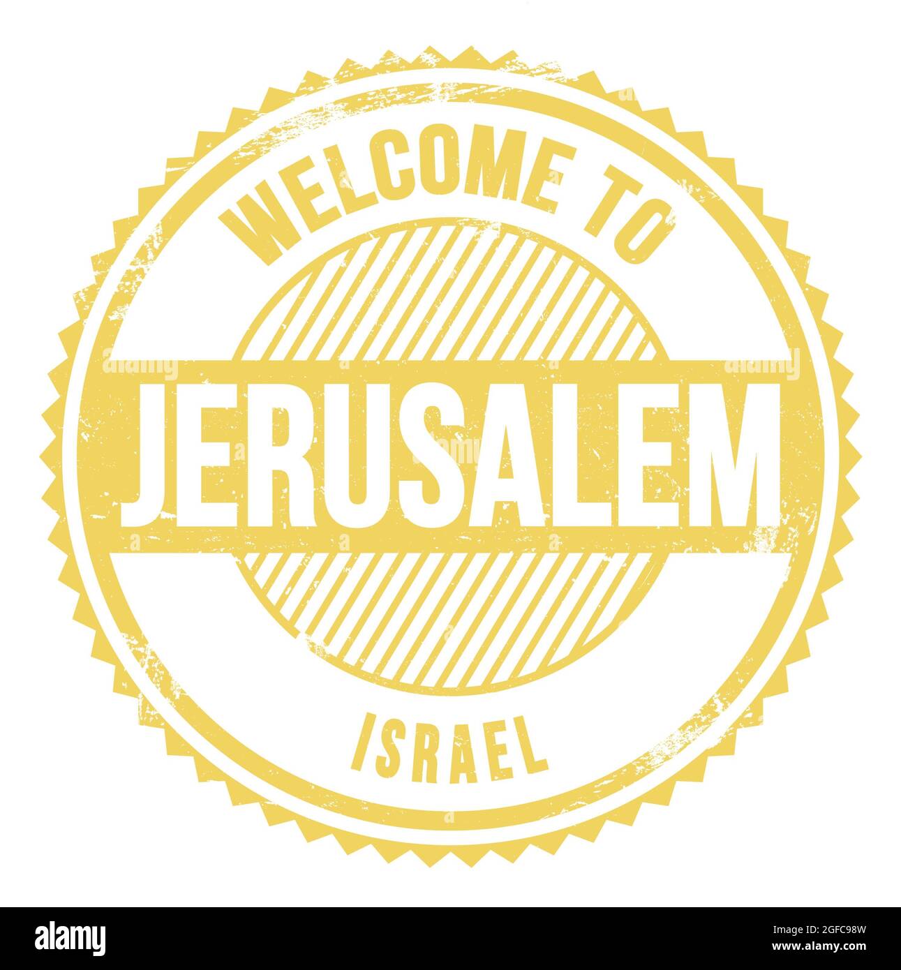 WELCOME TO JERUSALEM - ISRAEL, words written on yellow zig zag stamp ...