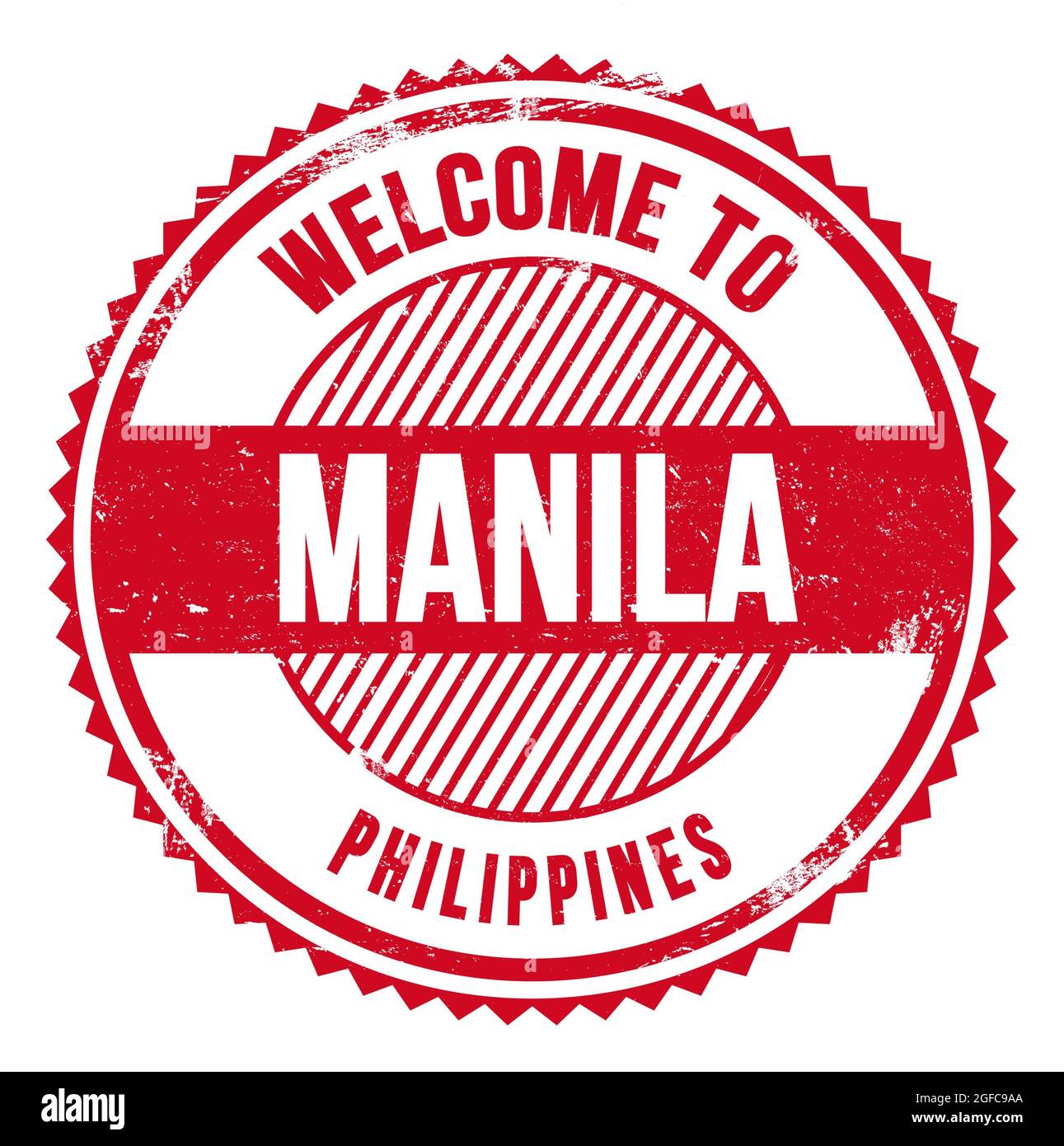 WELCOME TO MANILA - PHILIPPINES, words written on red zig zag stamp ...