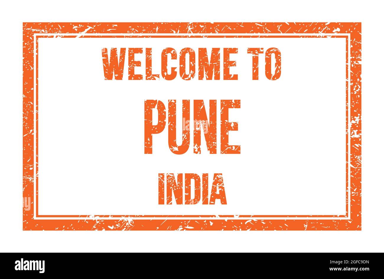 WELCOME TO PUNE - INDIA, words written on orange rectangle post stamp ...