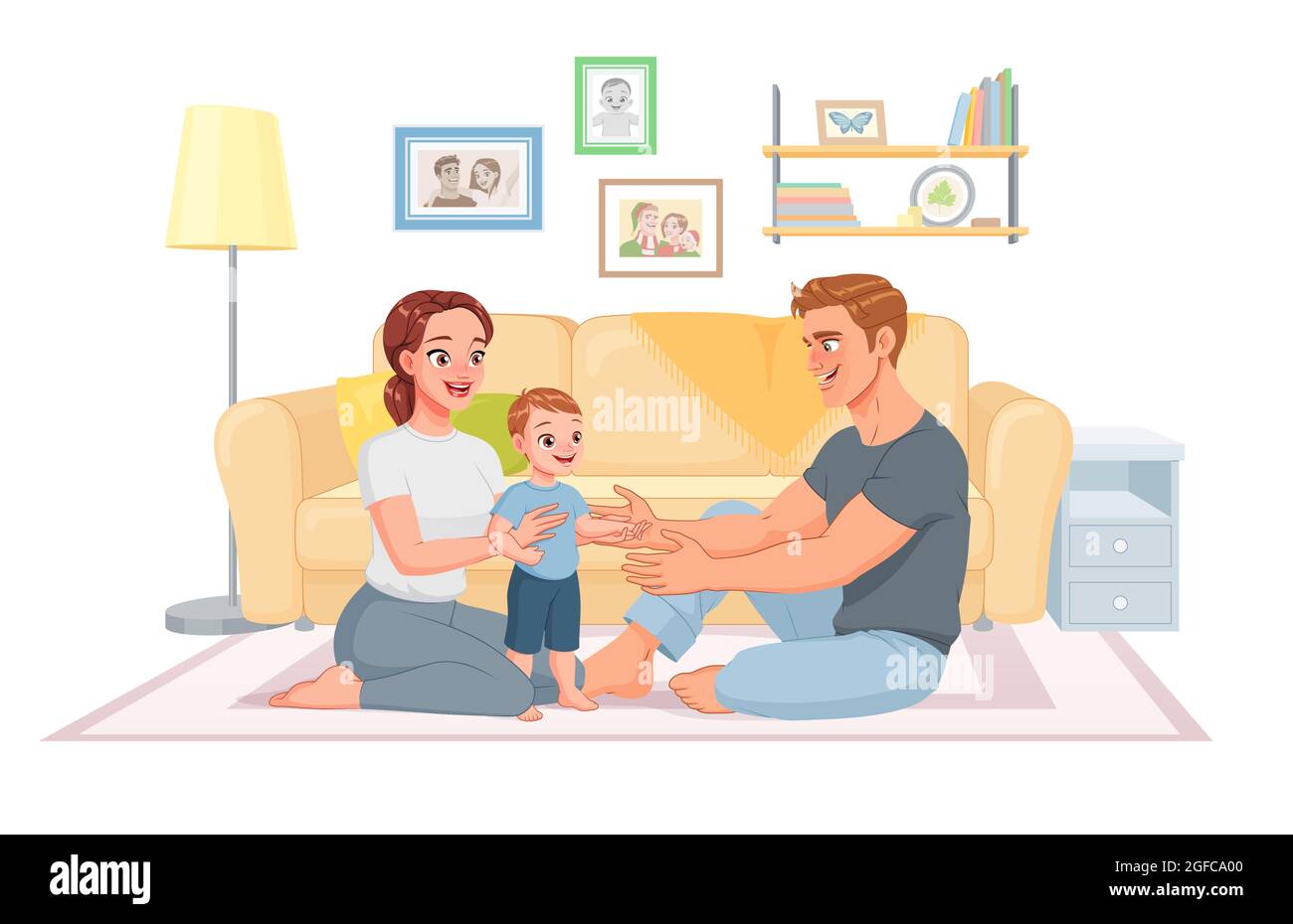 Happy young family at home. Cartoon vector illustration Stock Vector ...