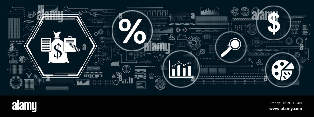 Concept of money management with icons on futuristic hud interface ...