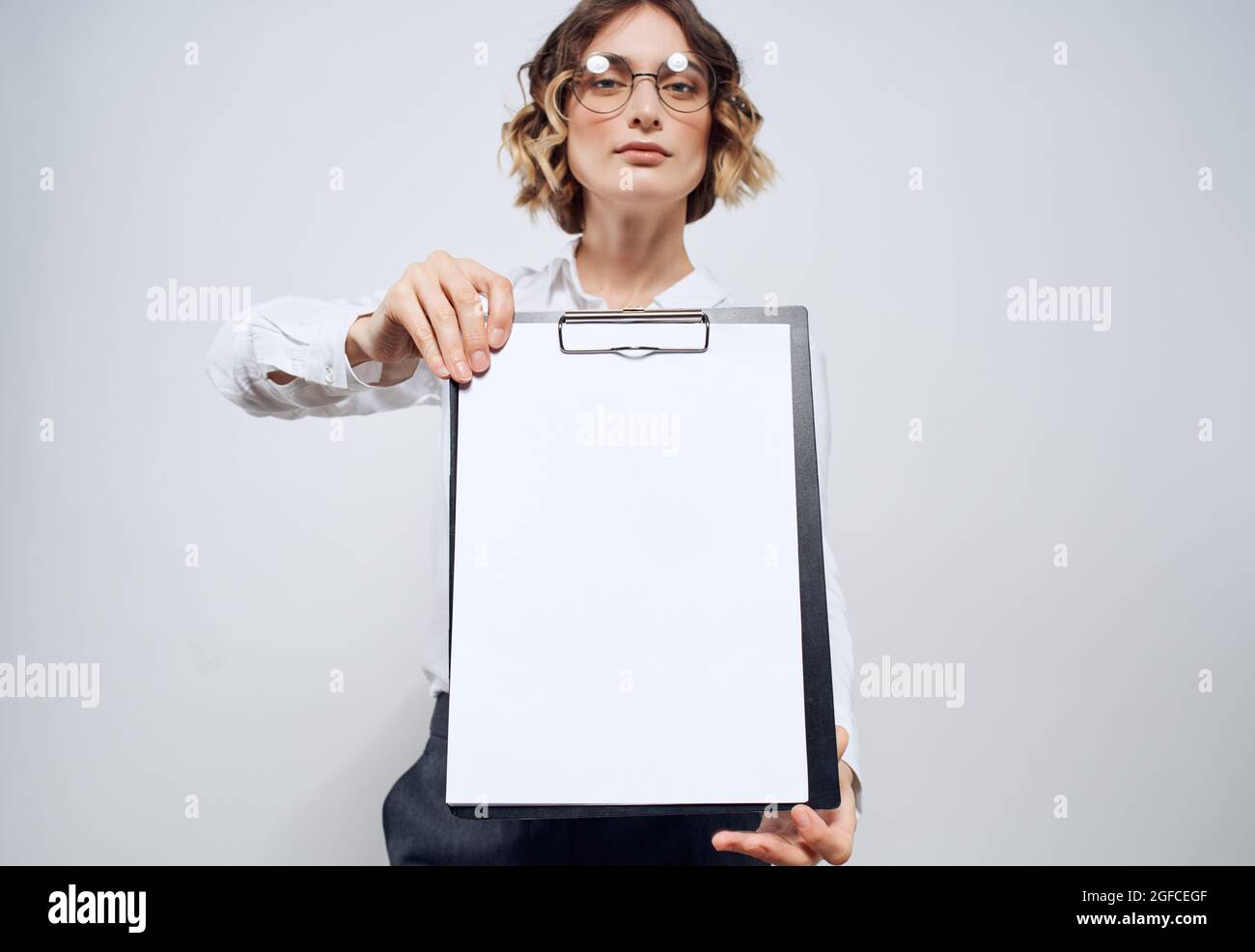 Business Woman Wearing Glasses Papers Copy Space Advertising Stock ...