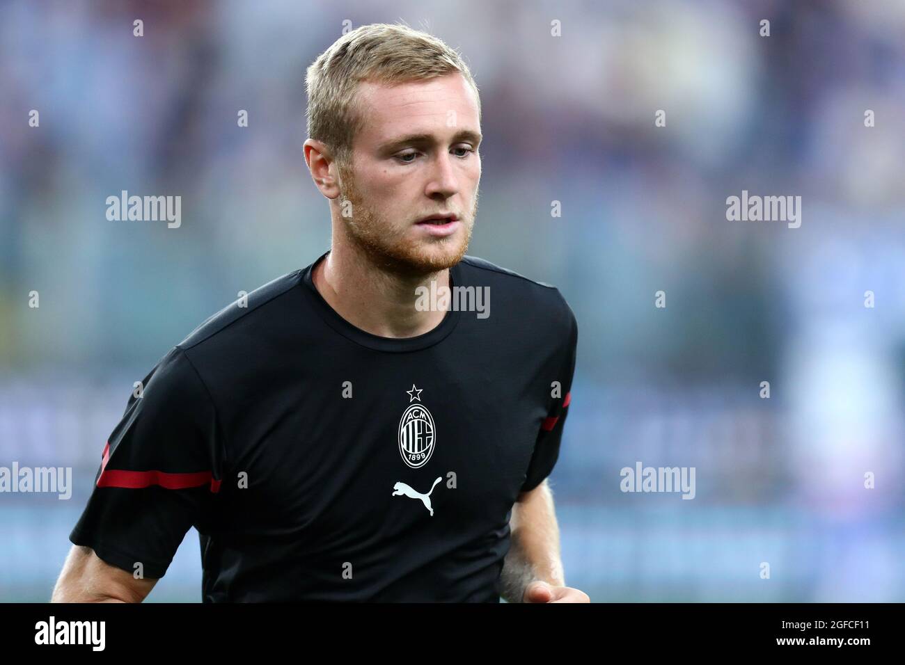 Genova, Italy. 23 August 2021. Tommaso Pobega of Ac Milan during warm ...