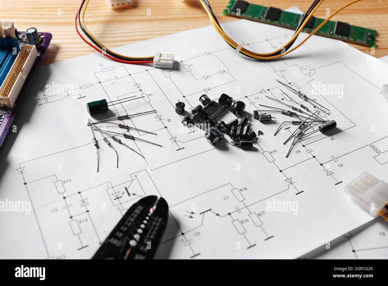 Electronic components on engineering drawings Stock Photo - Alamy