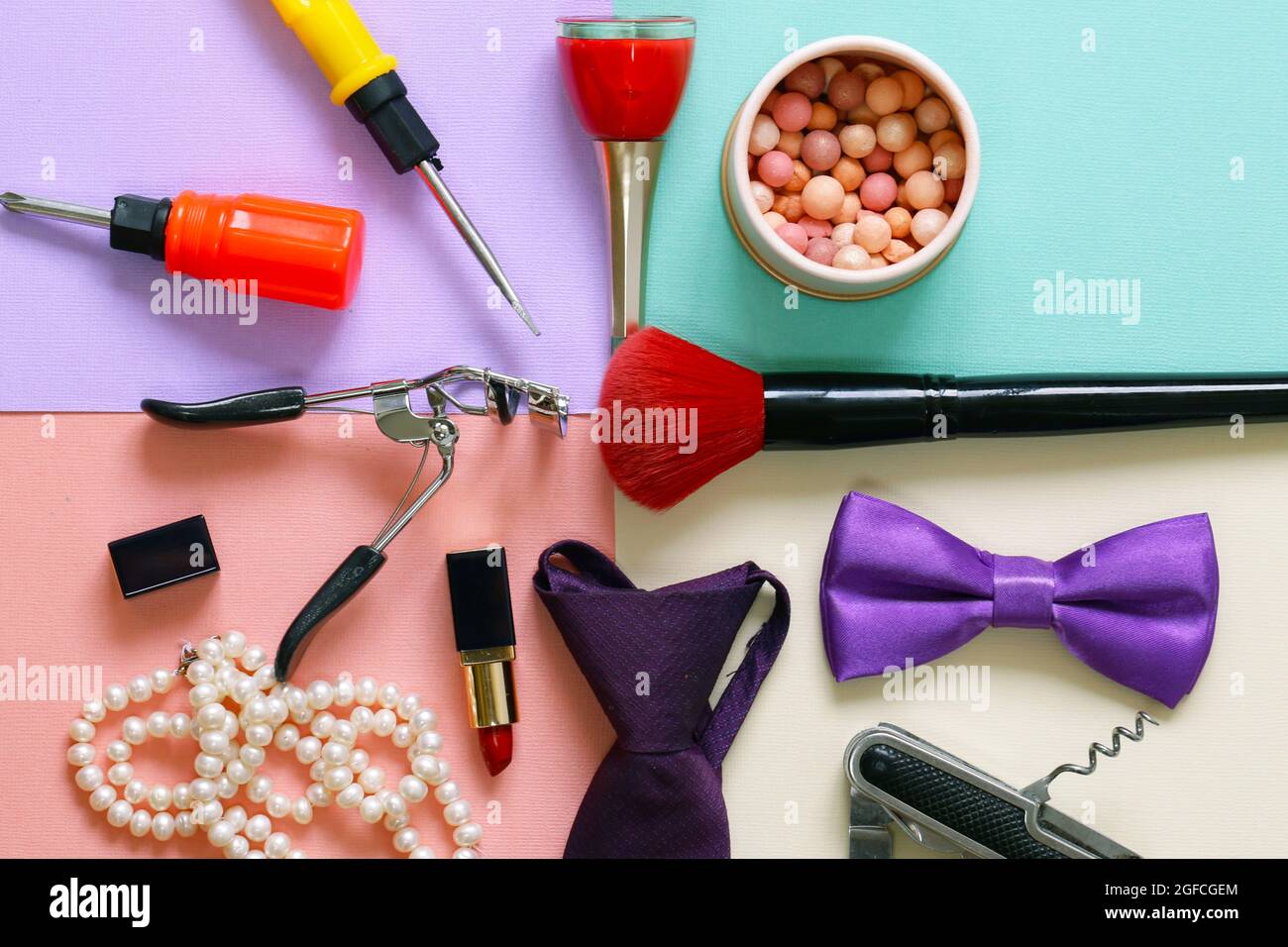 still life set accessories and tools for men and women Stock Photo - Alamy
