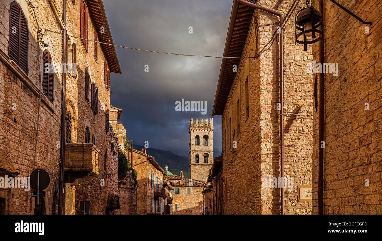 Assisi historic center ancient medieval buildings in Umbria. View of ...