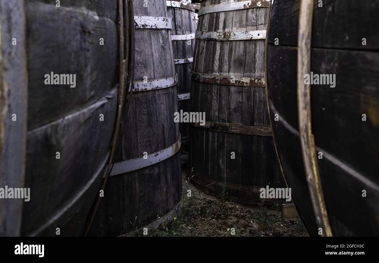 Detail of old containers for alcoholic beverages, wine culture ...