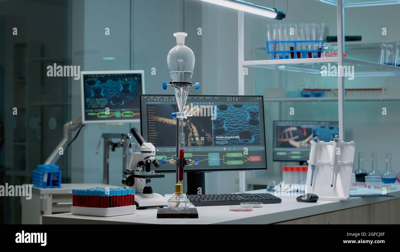 Microbiology laboratory filled with chemical research equipment tools ...