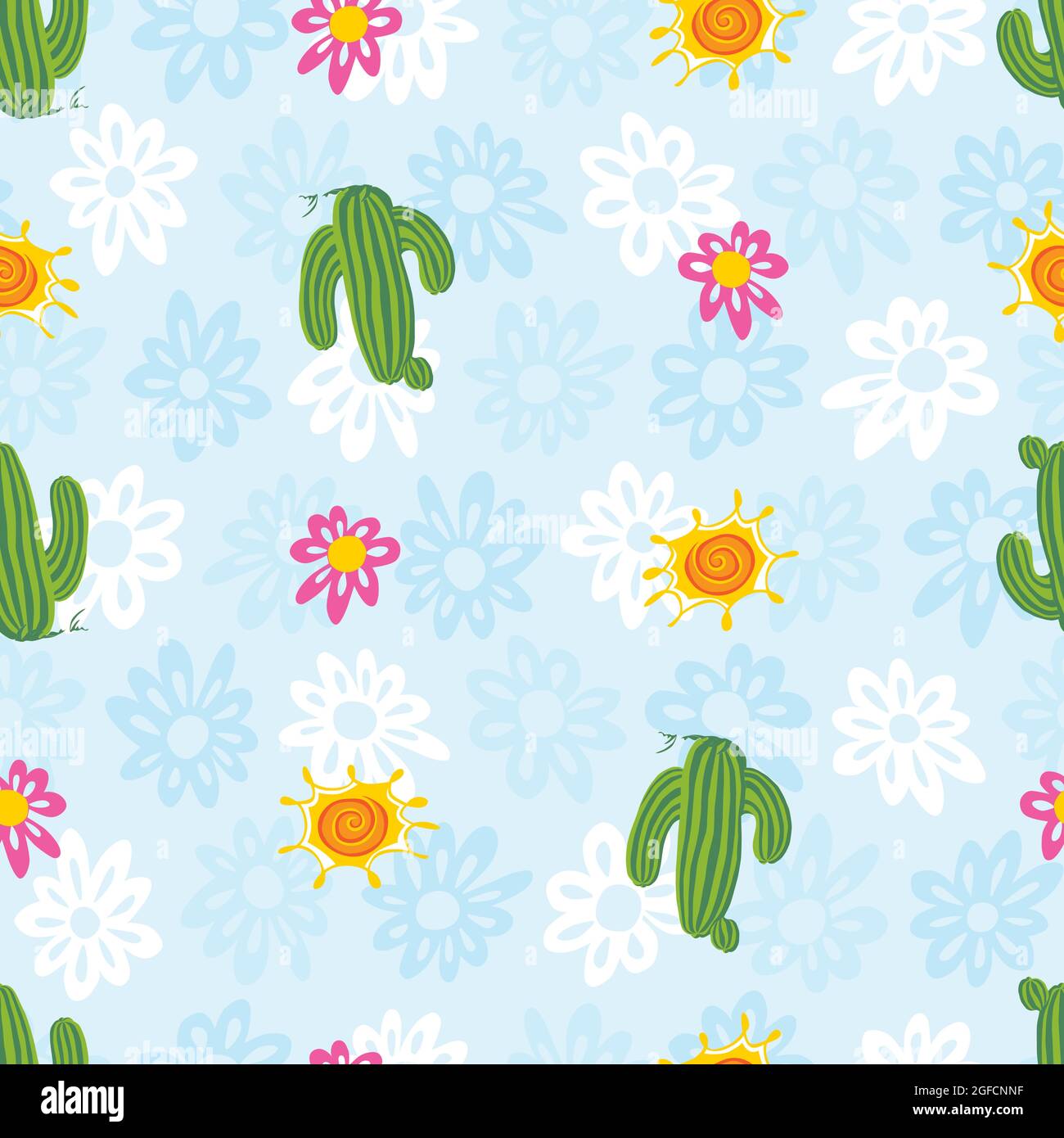 Vector blue cute spaced out simple cactus and daisy flowers seamless ...