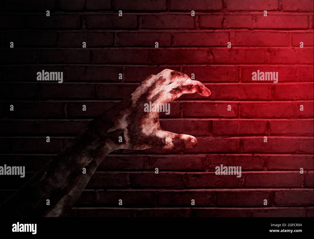 Zombie hand with blood and wound with brick wall background Stock Photo ...