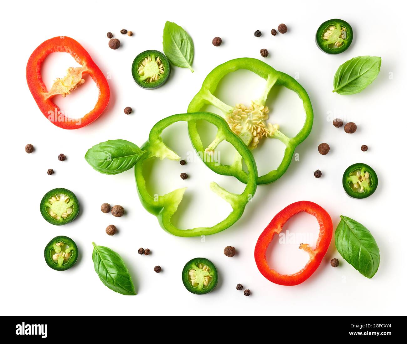 Set of spices - red and green bell pepper, jalapeno pepper, allspice ...