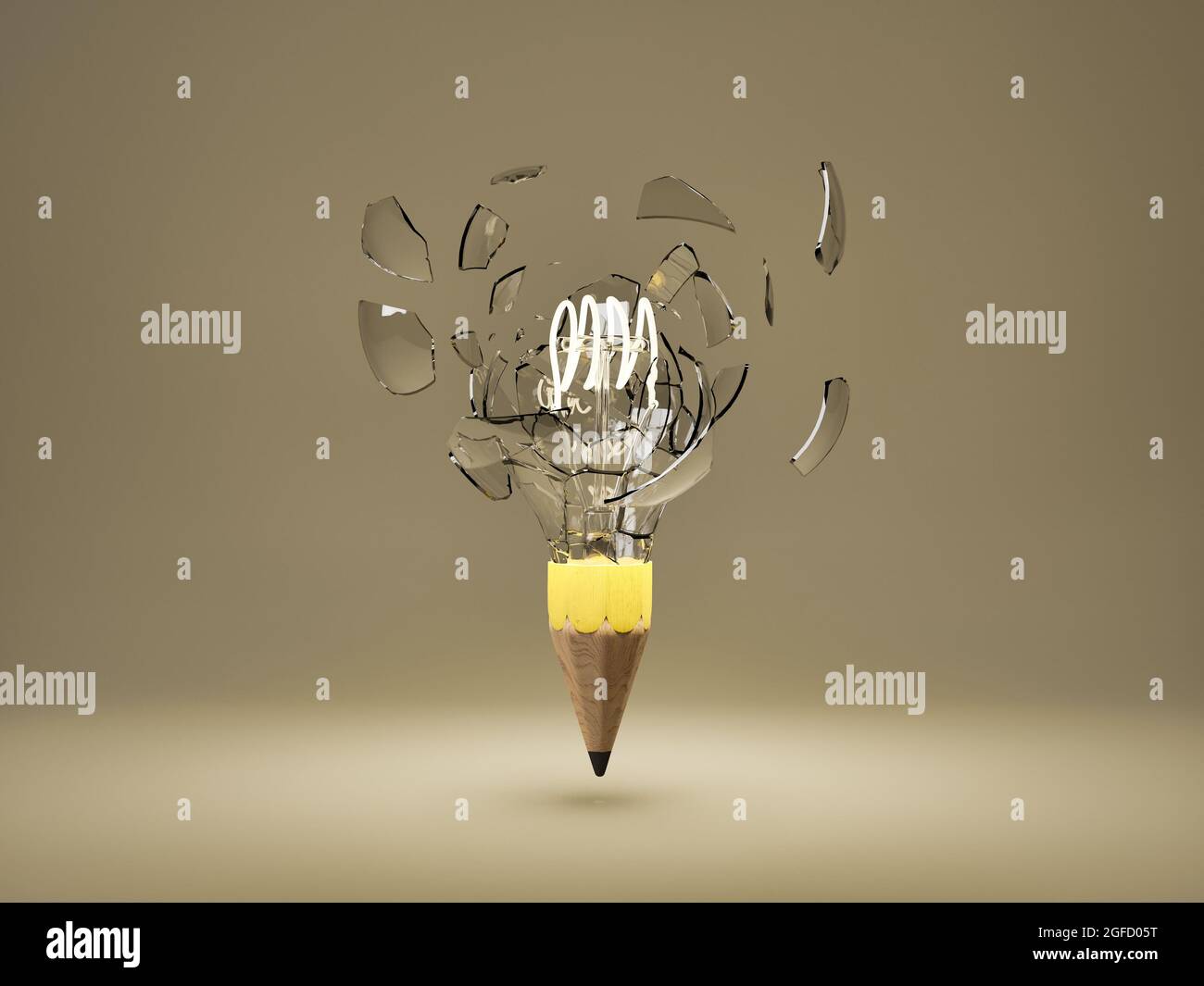Illuminated light bulb with broken glass and pencil point in concept of ...