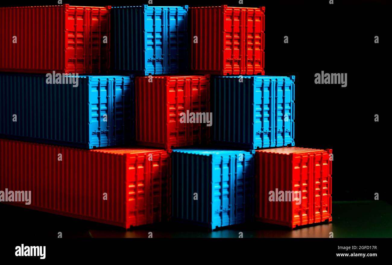 Stack of blue and red containers box, Cargo freight ship for import ...