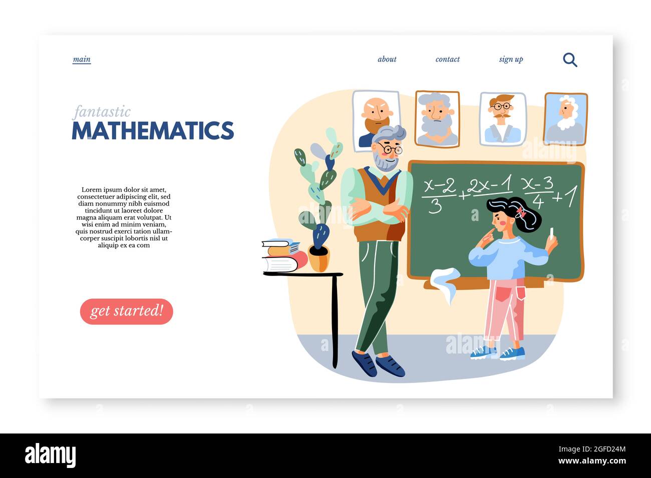 Mathematics subject flat vector sitepage template. Little girl and old ...