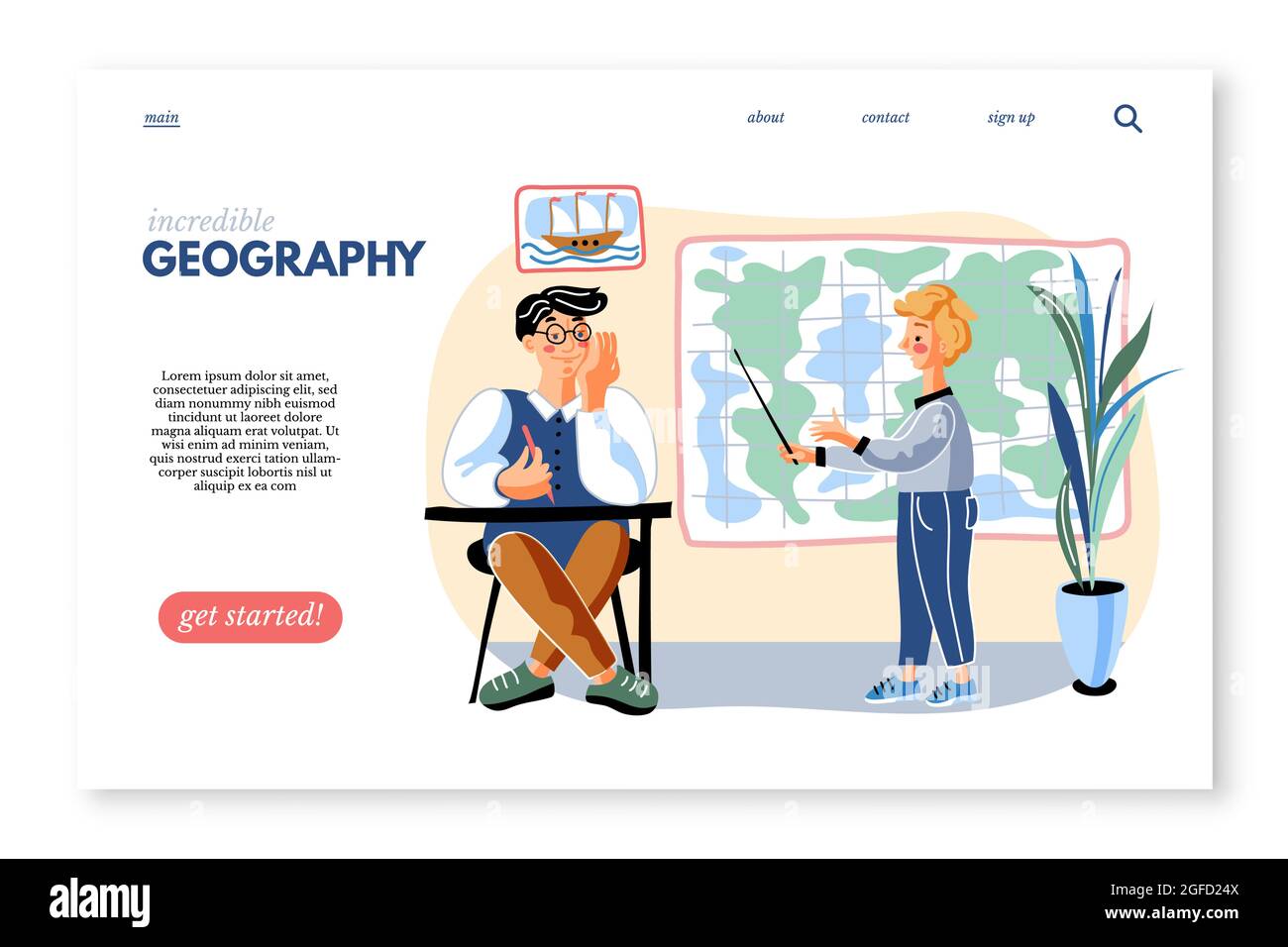 Geography subject vector webpage template. Little schoolkid and young ...