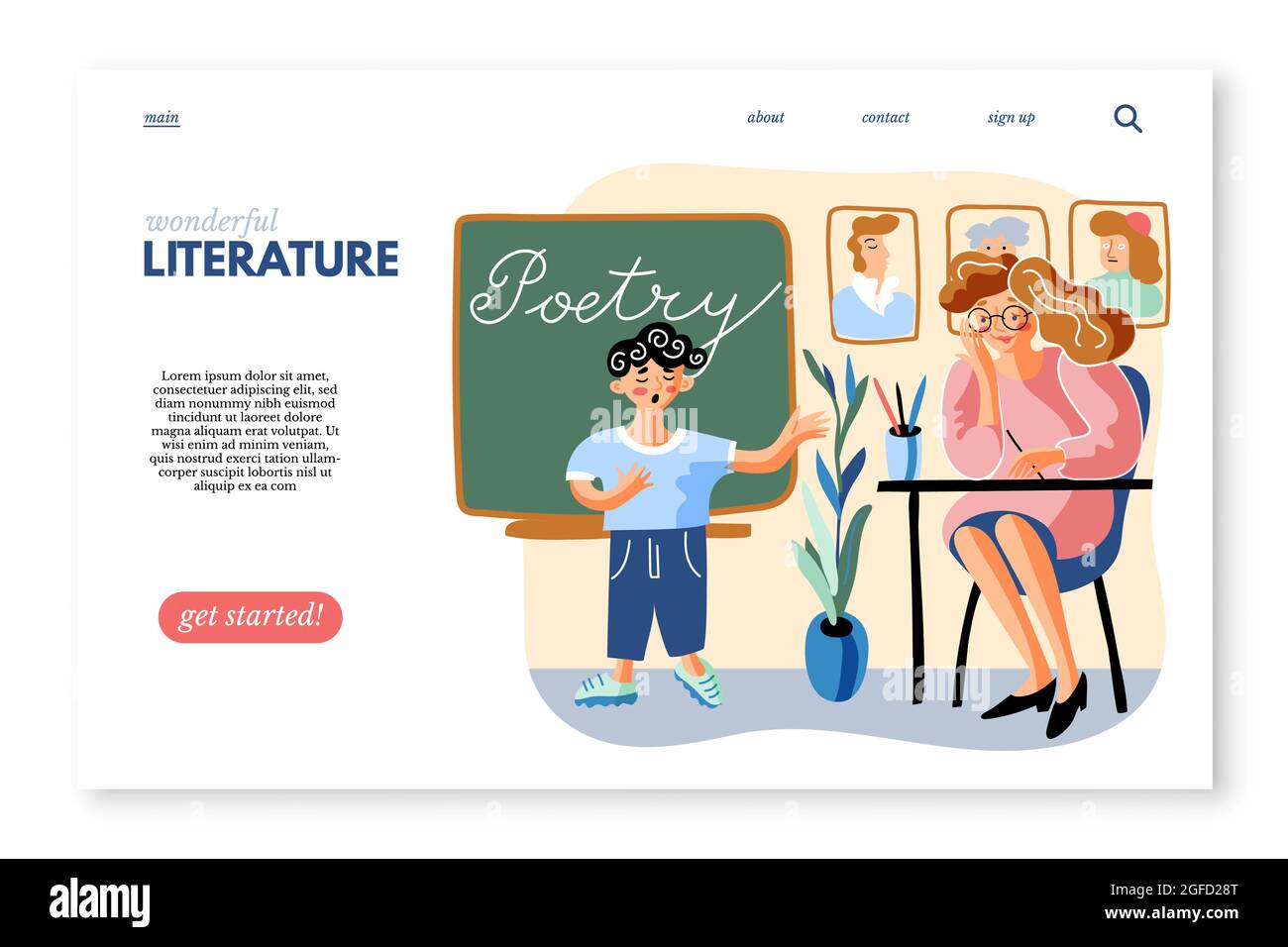 Literature subject sitepage template. Schoolboy tells poem flat vector ...