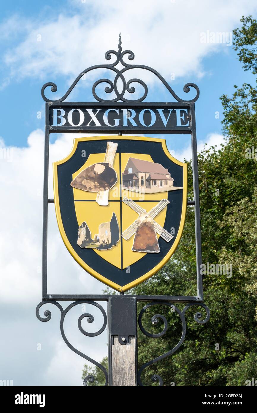 Boxgrove Village sign with pictures of landmarks in the village, West ...