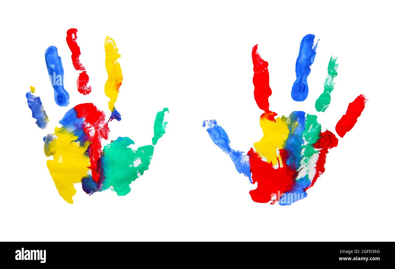 Color kids hands on white background Stock Photo - Alamy