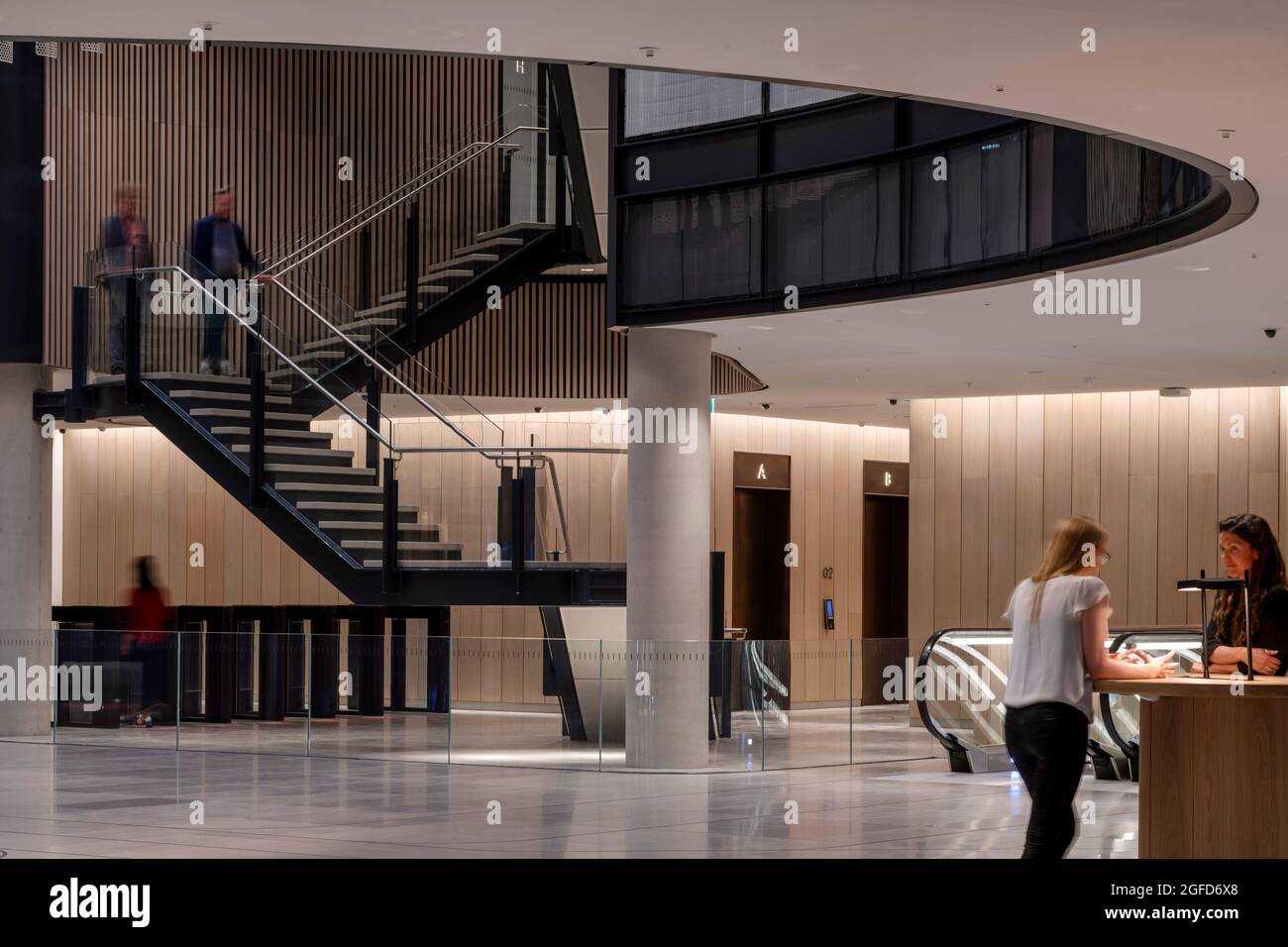 Atrium staircase and lift lobby. 100 Liverpool Street, London, United ...