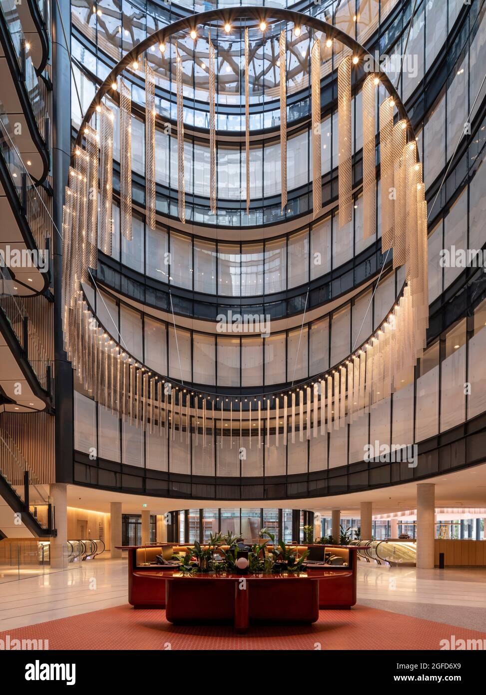 Atrium wide view with feature chandelier. 100 Liverpool Street, London ...