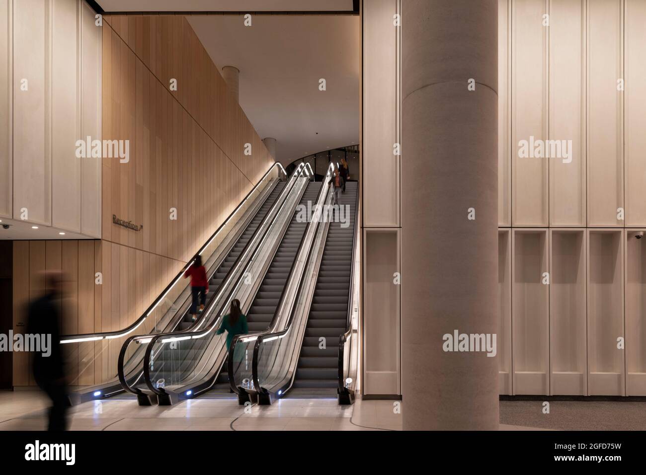 Entrance lobby with escalators. 100 Liverpool Street, London, United ...