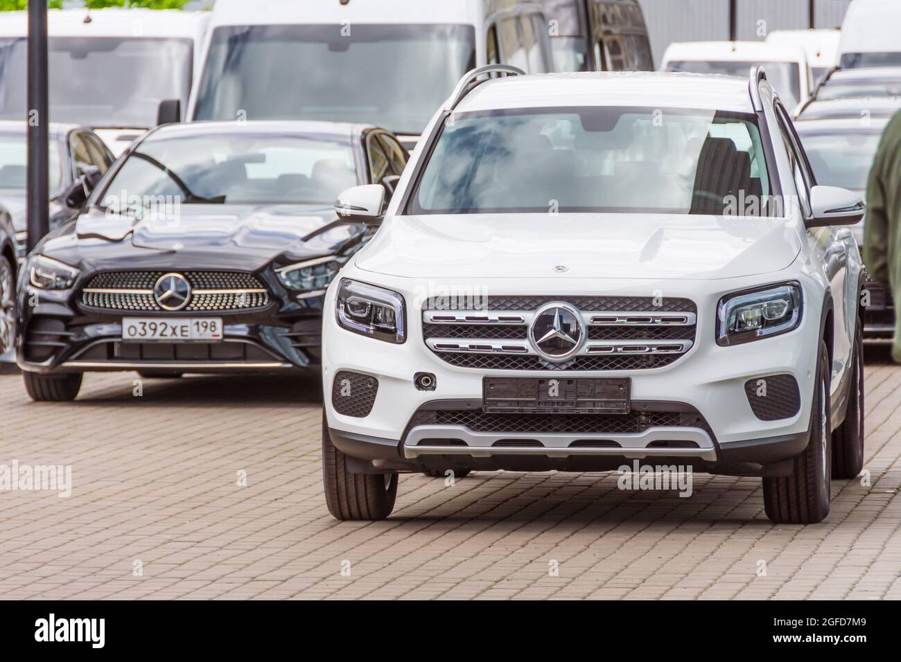 Mercedes-Benz cars in a row store Mercedes, front view. Russia, Saint ...