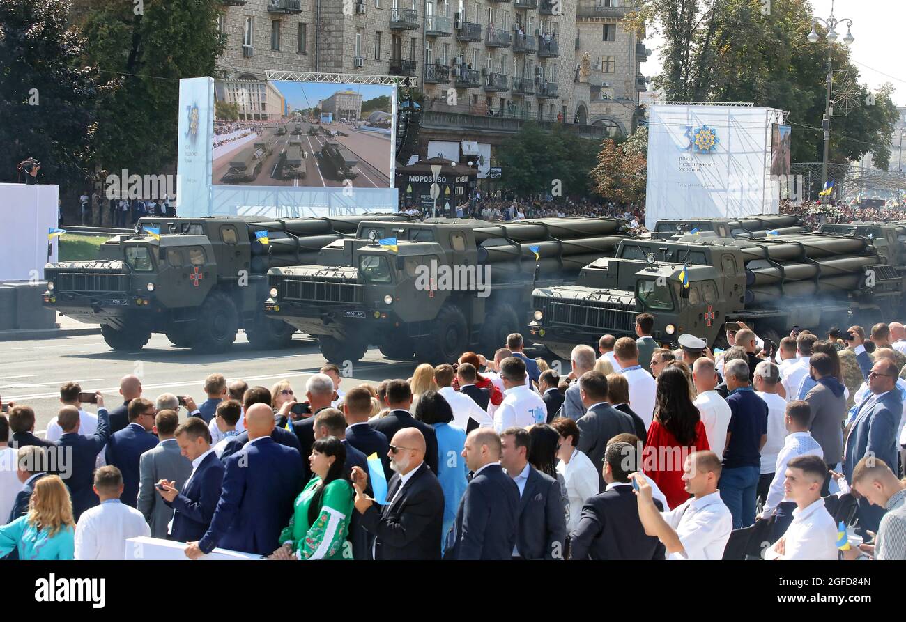 KYIV, UKRAINE - AUGUST 24, 2021 - BM-30 Vilkha multiple rocket launch ...