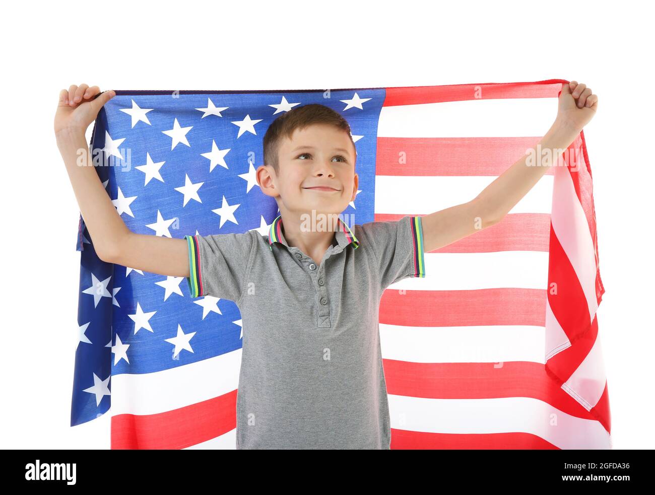 Boy and big American flag, on white background Stock Photo - Alamy