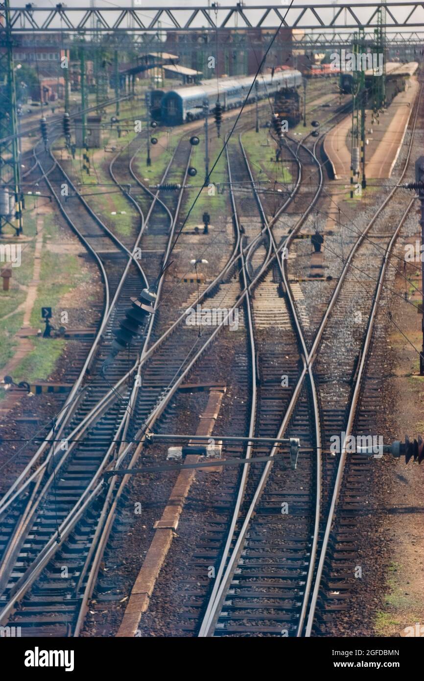 Railway station in the morning. Rails viewed from above Stock Photo - Alamy