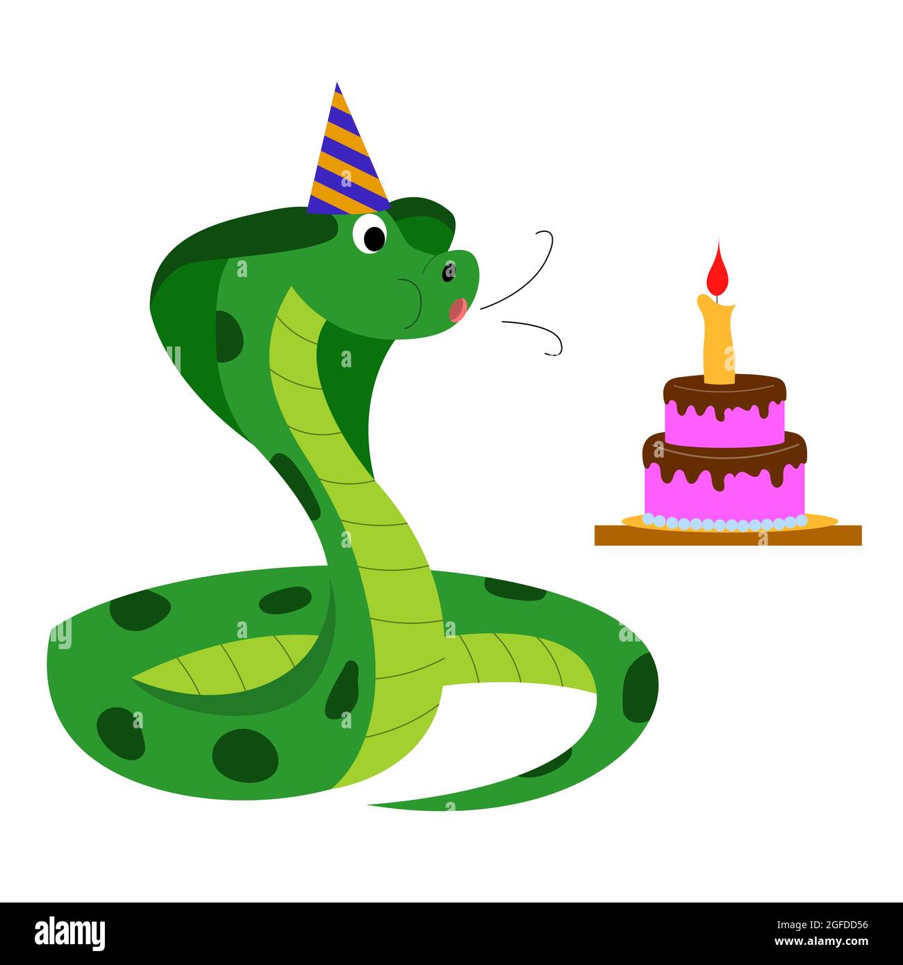 Cartoon vector illustration for children, a snake celebrates a birthday ...