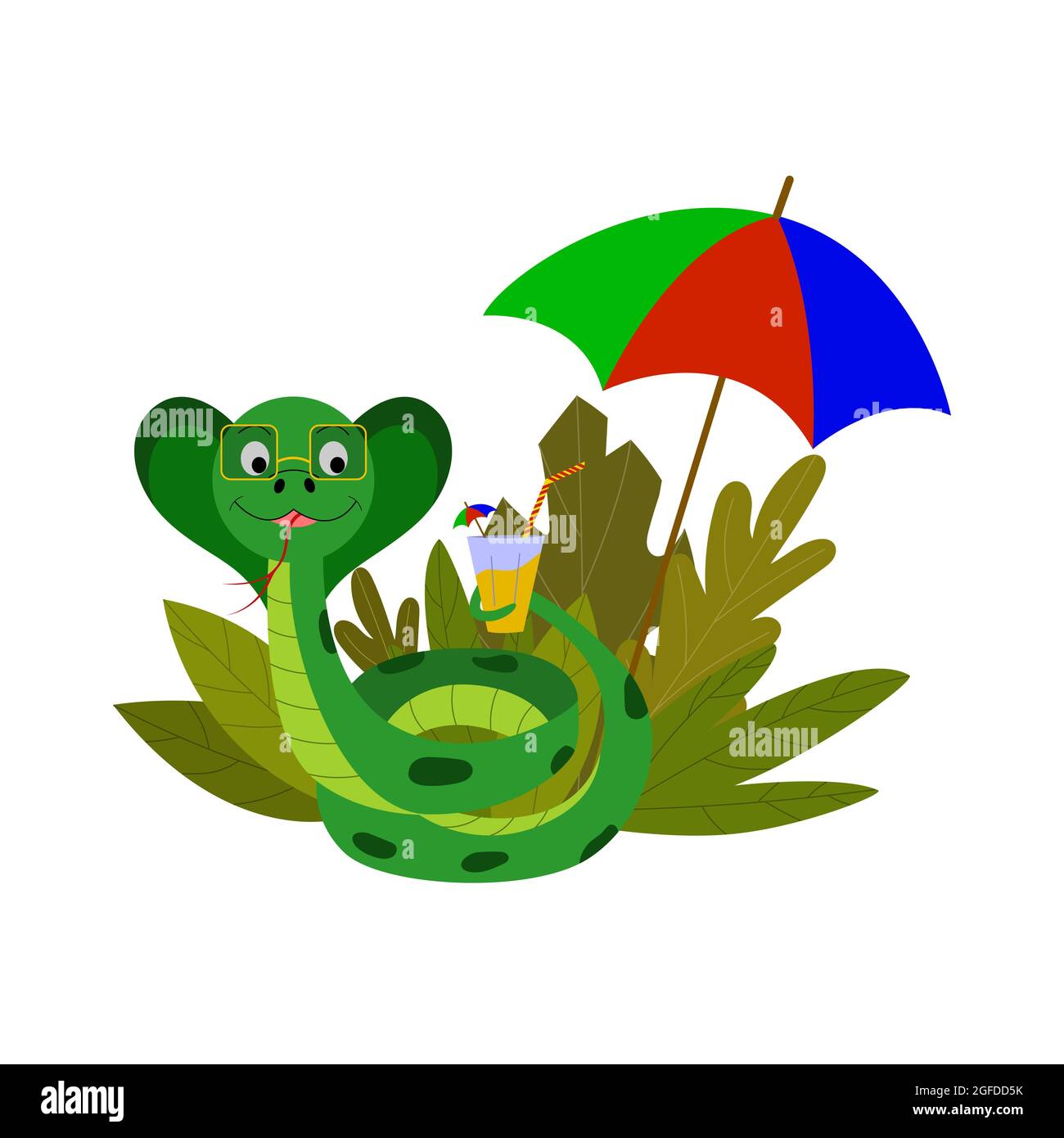 Cartoon vector illustration for children, a snake is resting in the ...