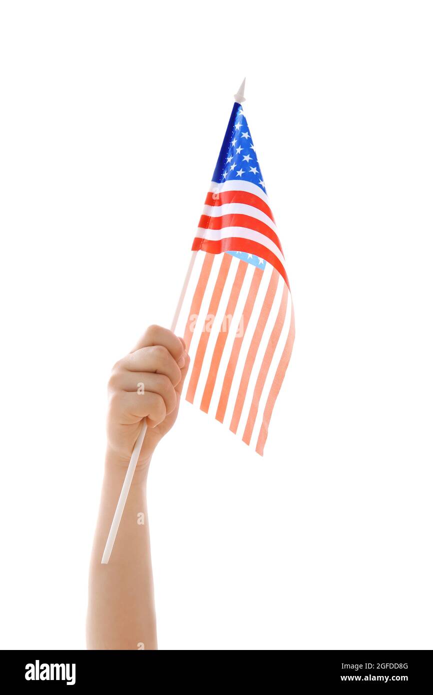 Hand holding American flag on white background Stock Photo - Alamy