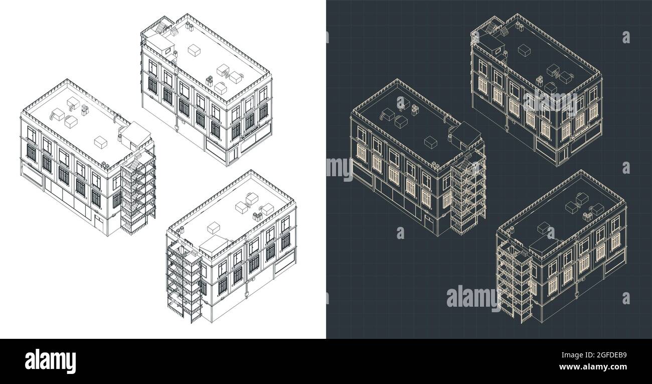 Stylized vector illustration of isometric blueprints of old building ...