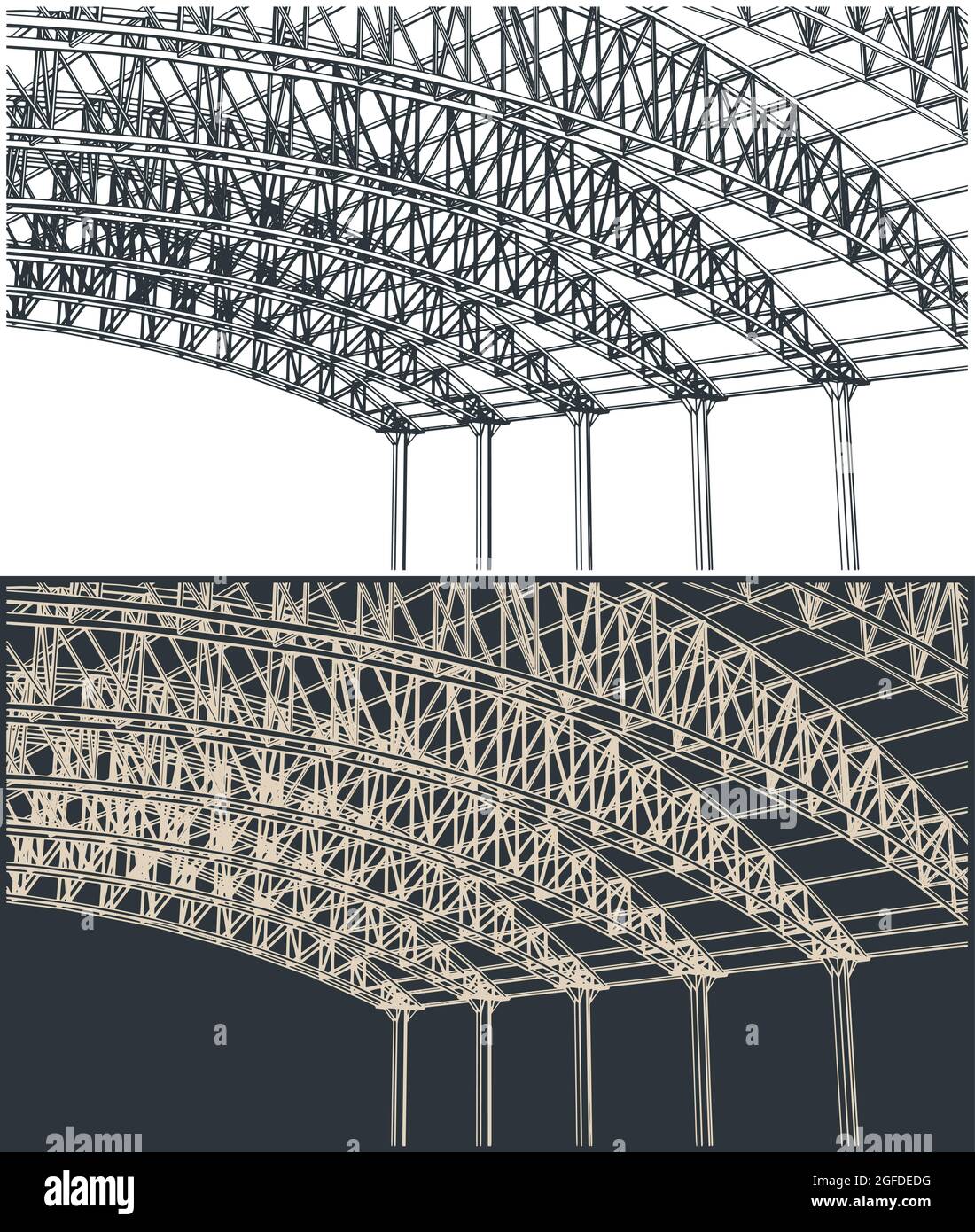 Stylized vector illustration of hangar support structures close up ...